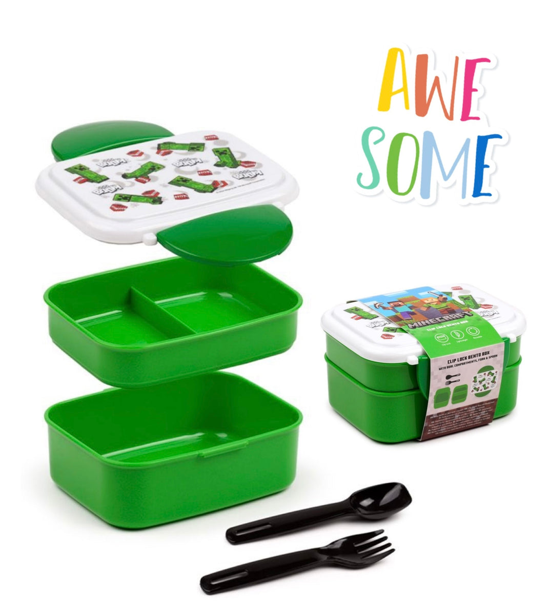 MINECRAFT Creeper & TNT Clip Lock Stacked Bento Lunch Box with Cutlery ...